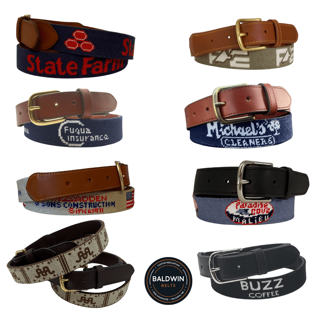 Needlepoint Belts Company Logo Belts – Baldwin Belts Inc.